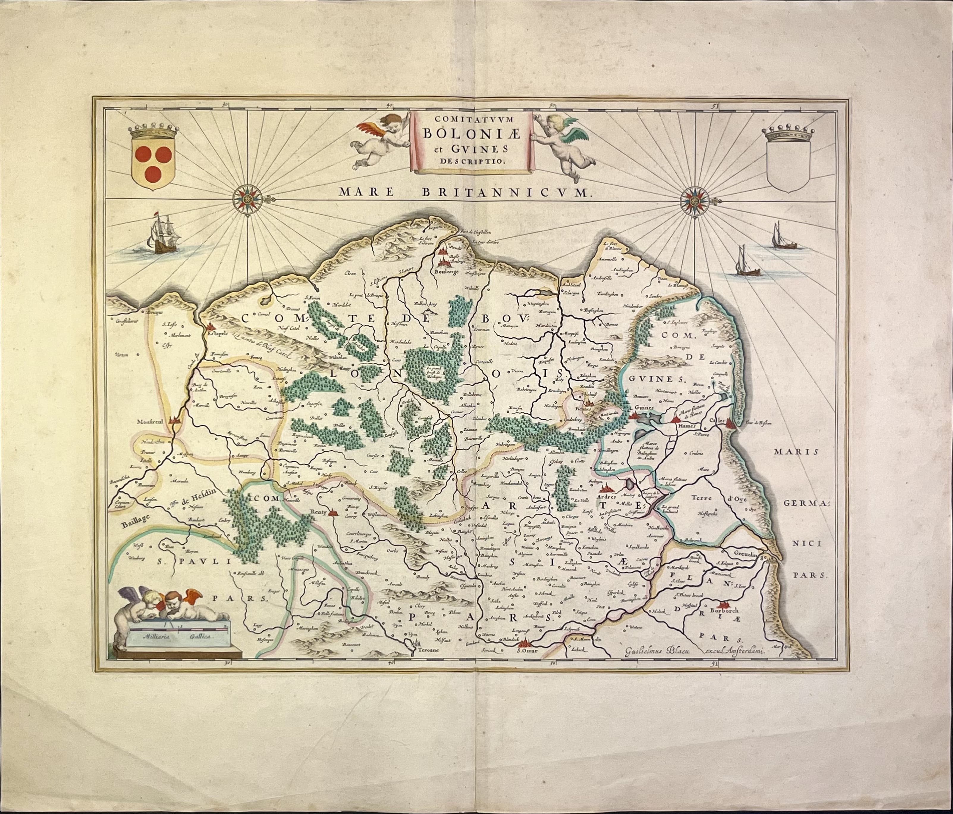 Carte ancienne des Comtés de Boulogne et GuÎnes par W. Blaeu - ca 1640 ...